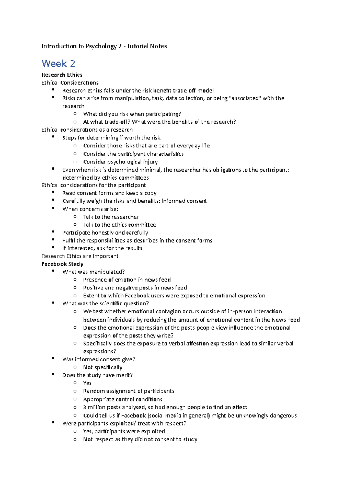Introduction to Psychology 2 - tutorial notes - Introduction a. Start ...