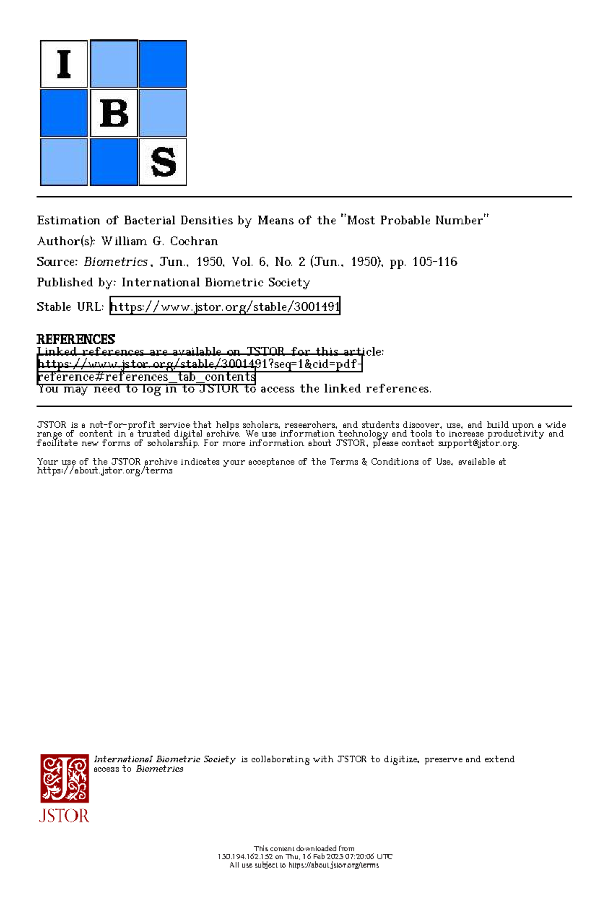 Reference - Cochrane 1950 - MPN Method - Estimation of Bacterial ...