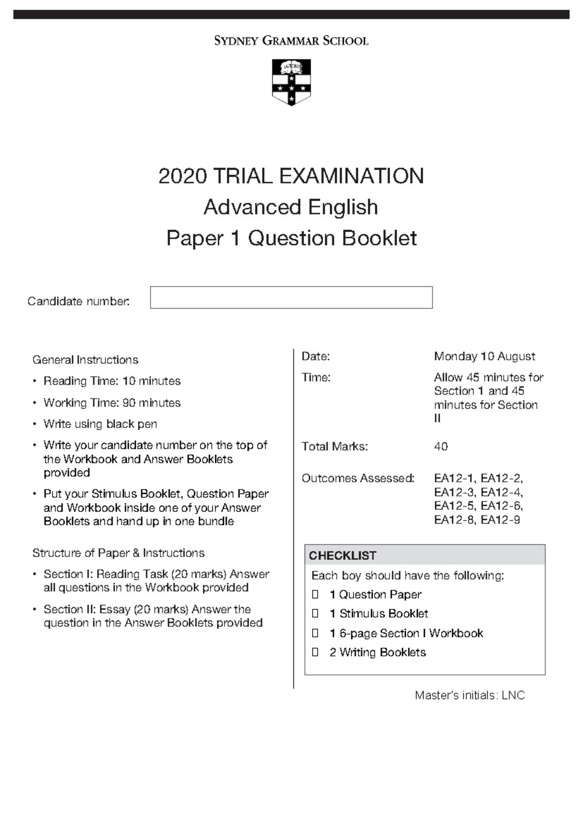 Sydney Grammar 2020 English Trial Paper 1 - 2020 TRIAL EXAMINATION ...