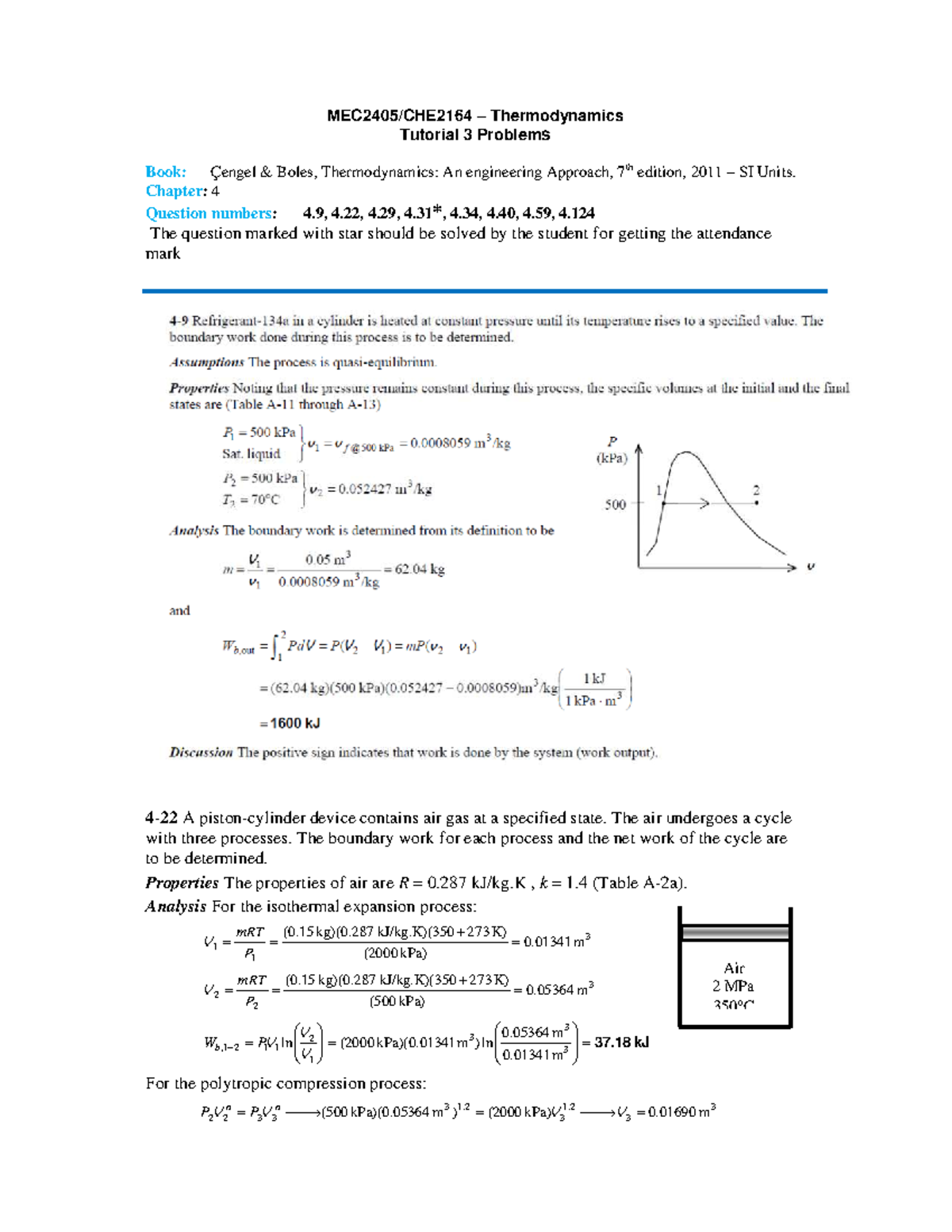 Tutorial 3-Solutions - MEC2405/CHE2164 – Thermodynamics Tutorial 3 ...