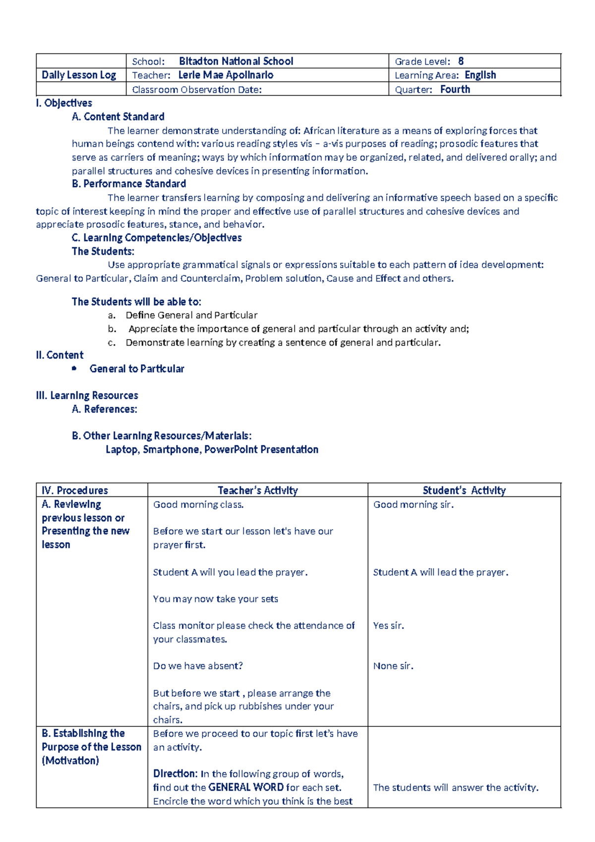 Lp 1 for Grade 8 - English lesson plan - School: Bitadton National ...