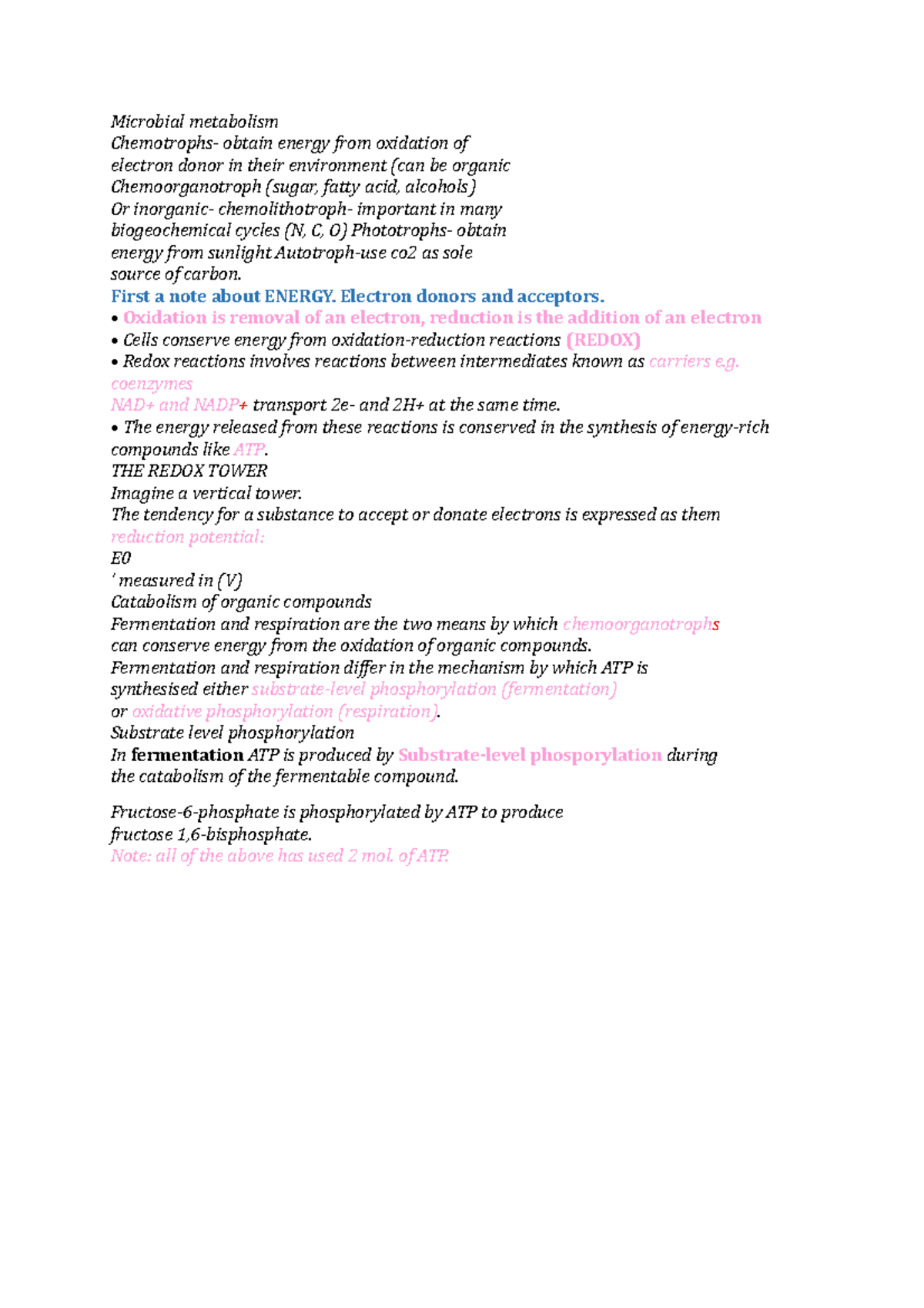 Microbial metabolism - Lecture notes Notes taken during class of ...