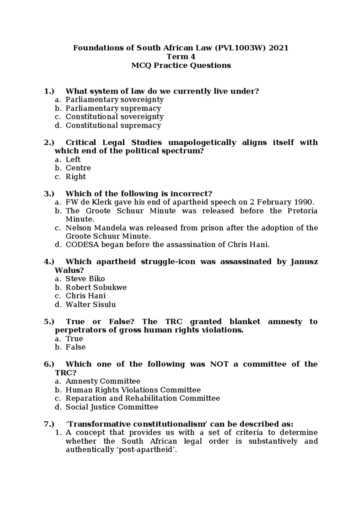 MCQ Practice Questions Term 4 2024 - Foundations of South African Law ...