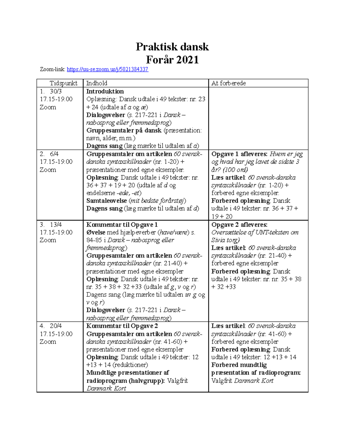 Skema praktisk dansk - Praktisk dansk Forår 2021 Zoom-link: uu-se.zoom ...