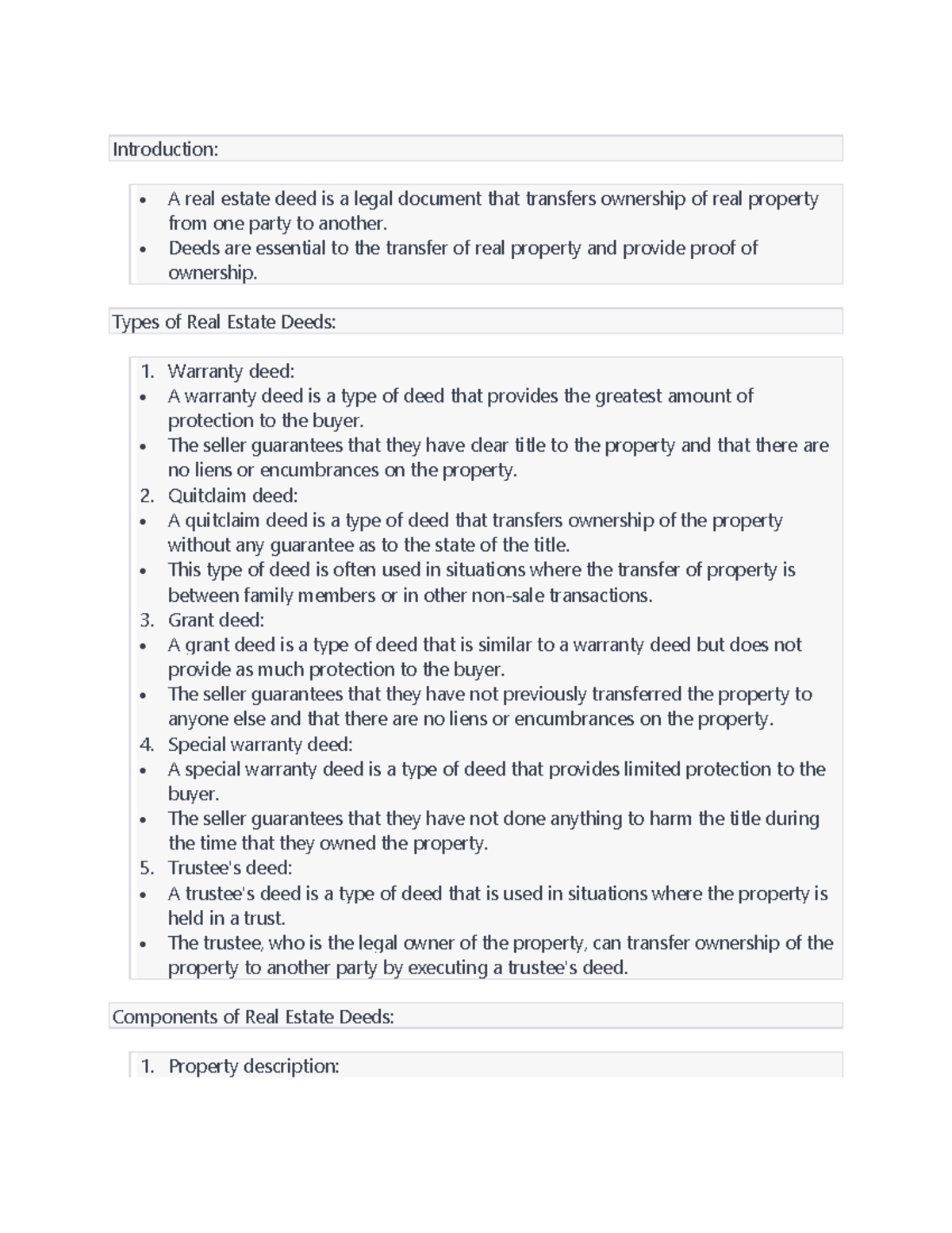 Deeds for MT - Summary for Midterm - Introduction: • A real estate deed ...