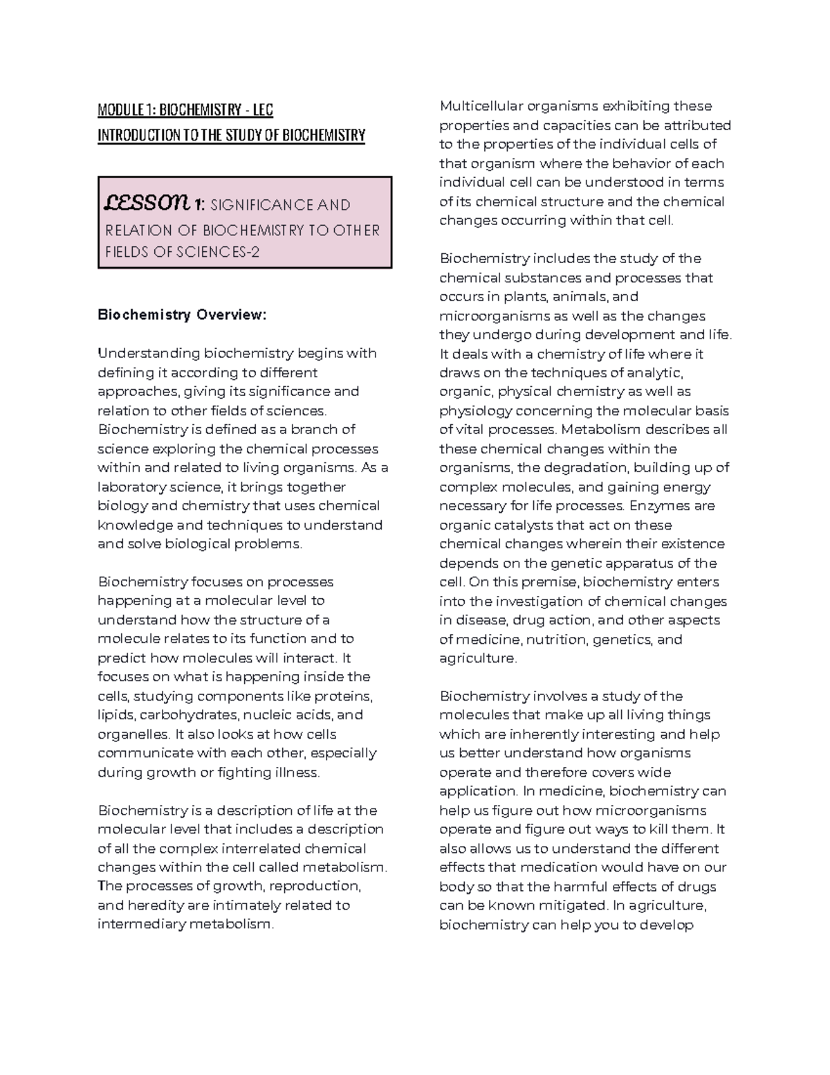 Module 1 Biochemistry - LEC - MODULE 1: BIOCHEMISTRY - LEC INTRODUCTION ...