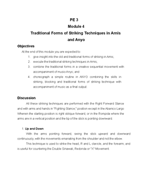 PE3 Module 2 Lecture - Arnis - PE 3 MODULE 2 Striking and Blocking Techniques Objectives At the ...