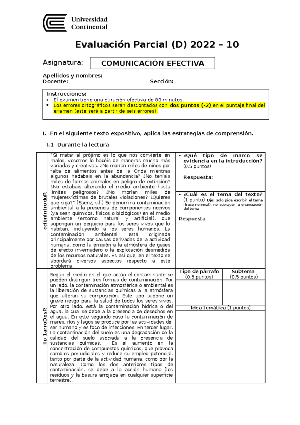 Evaluación Parcial (equipo 4) - Evaluación Parcial (D) 2022 – 10 Asignatura: Apellidos y nombres ...