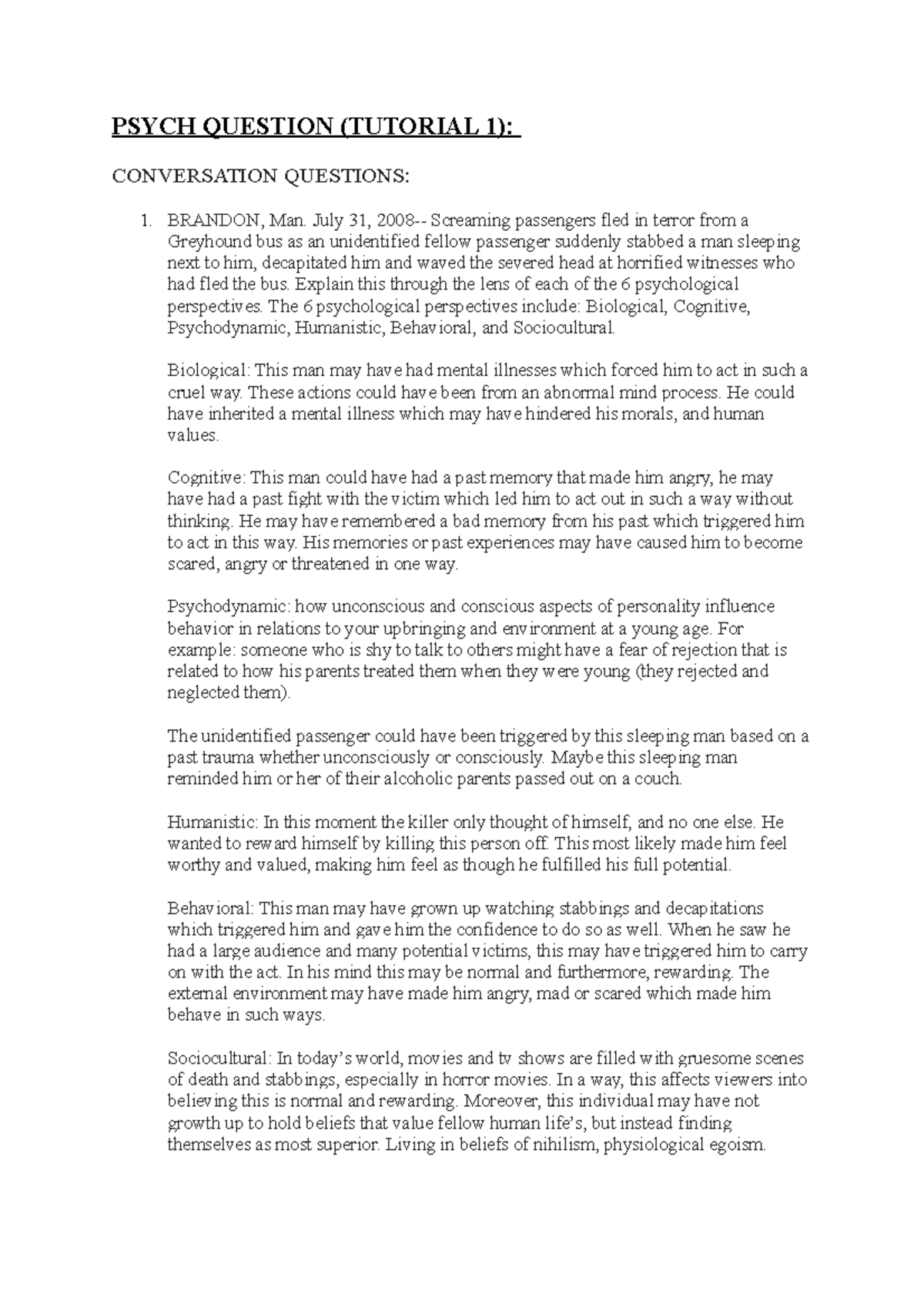 Psych Questions 1 - PSYCH QUESTION (TUTORIAL 1): CONVERSATION QUESTIONS ...