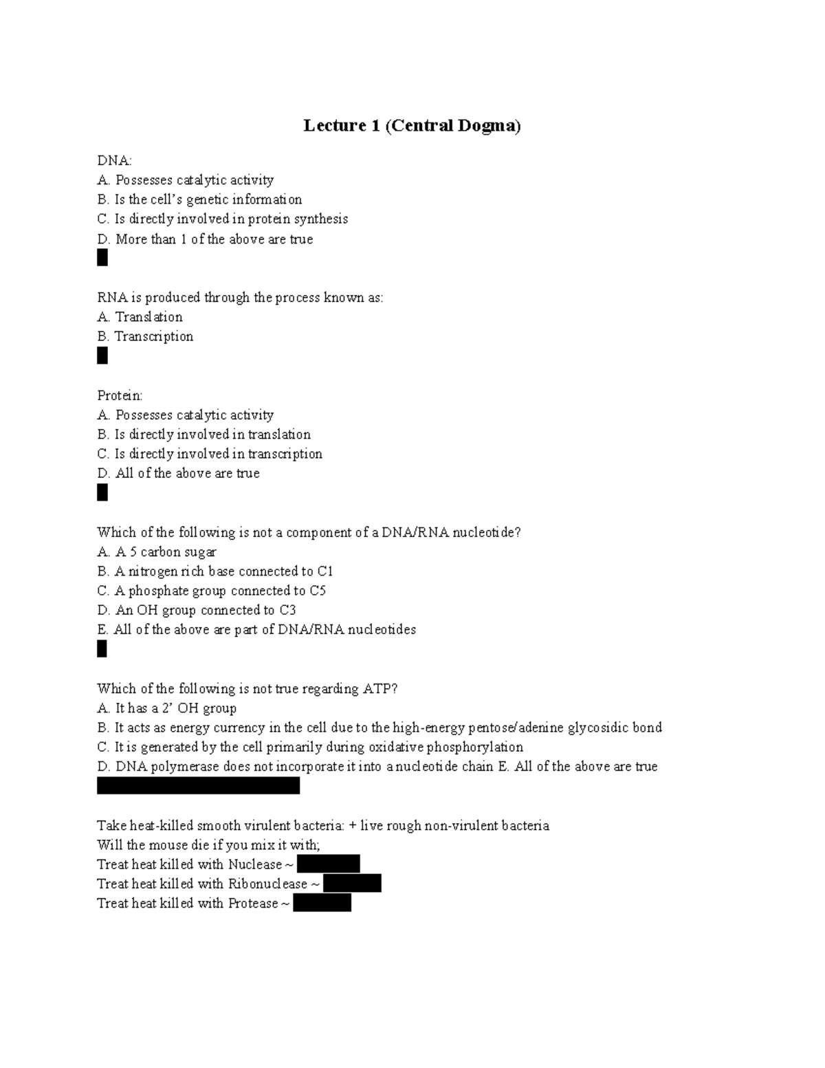 MB Mutiple Choice Questions - Lecture 1 (Central Dogma) DNA: A ...