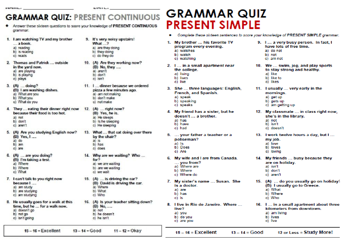 Present Simple I Present Continuous Quiz