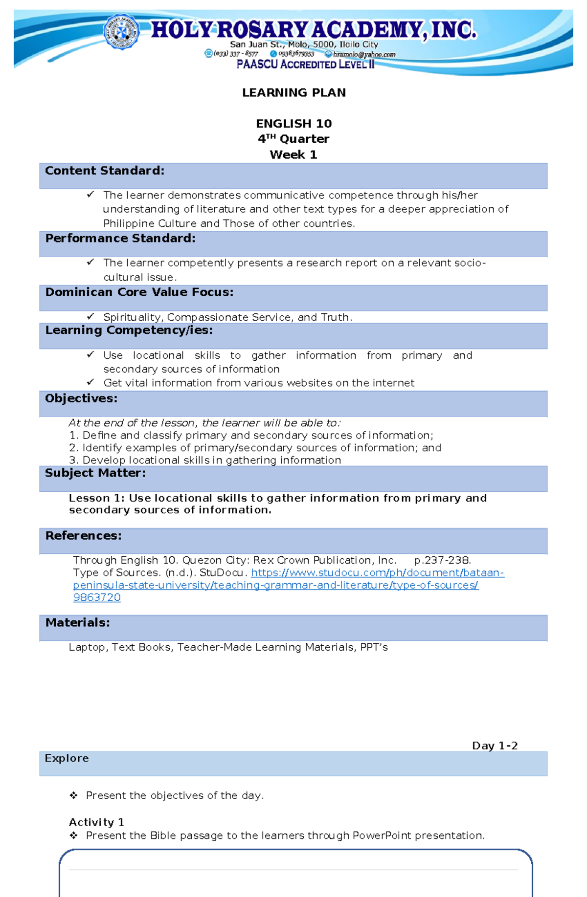 LP Primaryand Secondary Sources 2 docx - LEARNING PLAN ENGLISH 10 4 TH ...