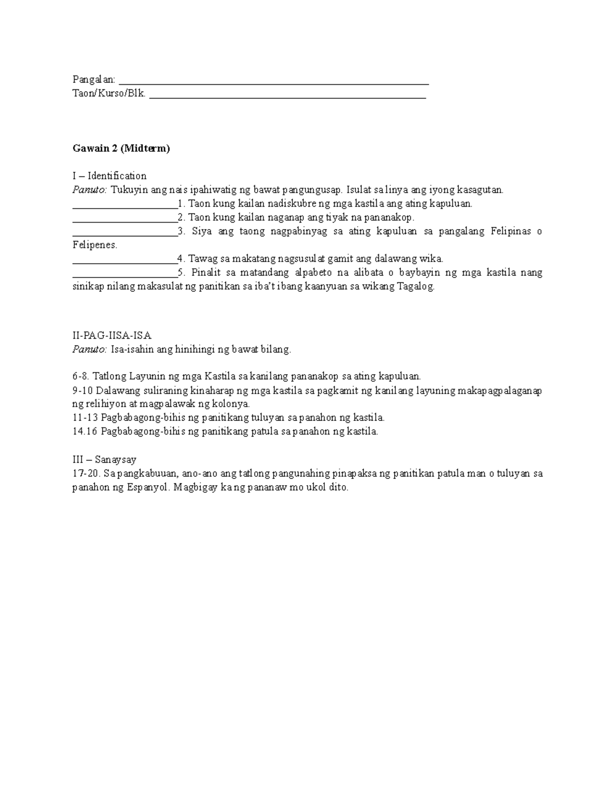 Gawain 2 (Midterm) - PANITIKAN PILIPINO - Pangalan: - Studocu