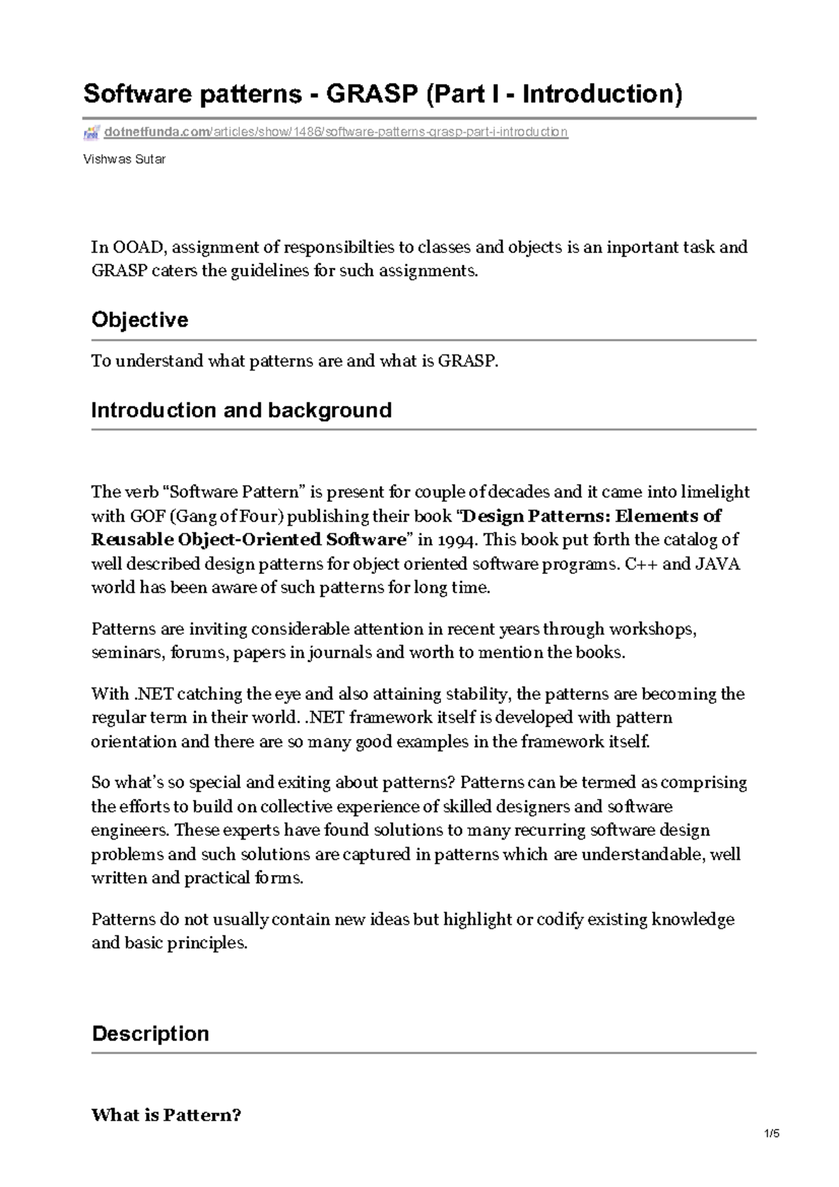 Grasp principles - Vishwas Sutar Software patterns - GRASP (Part I - Introduction) - Studocu