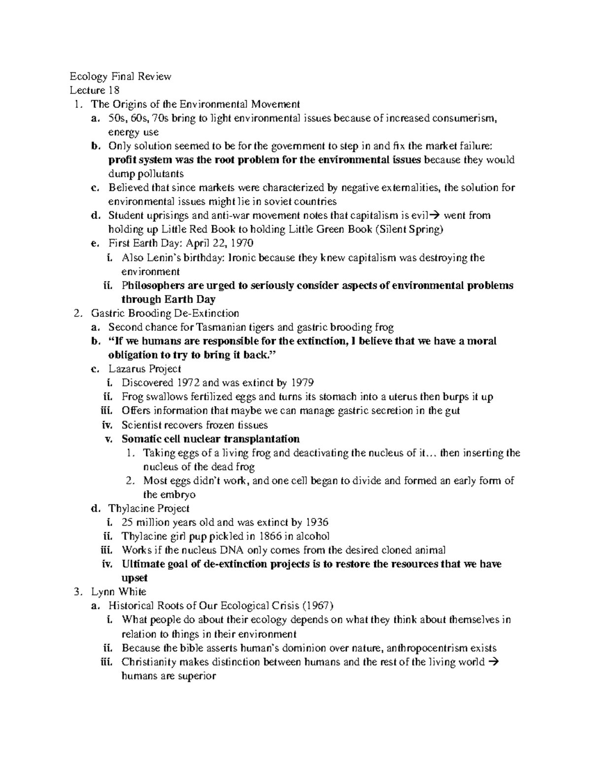 Ecology Final Review - Ecology Final Review Lecture 18 1 Origins of the ...
