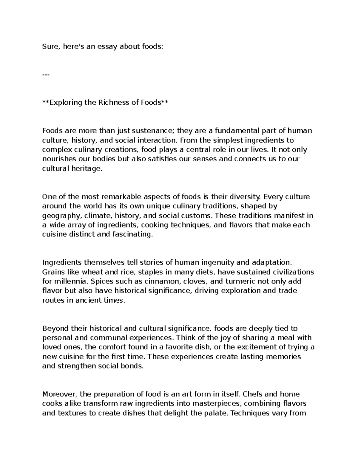 Sure - essay - Sure, here's an essay about foods: Exploring the ...
