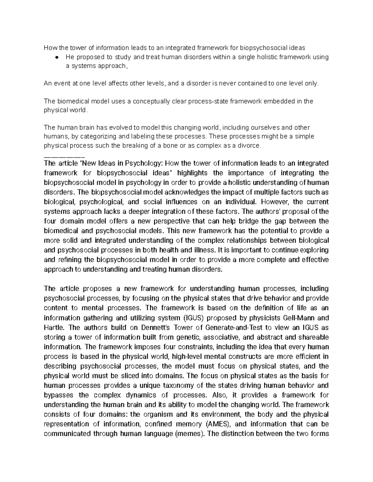 Biopsych Academic Notes - How the tower of information leads to an ...