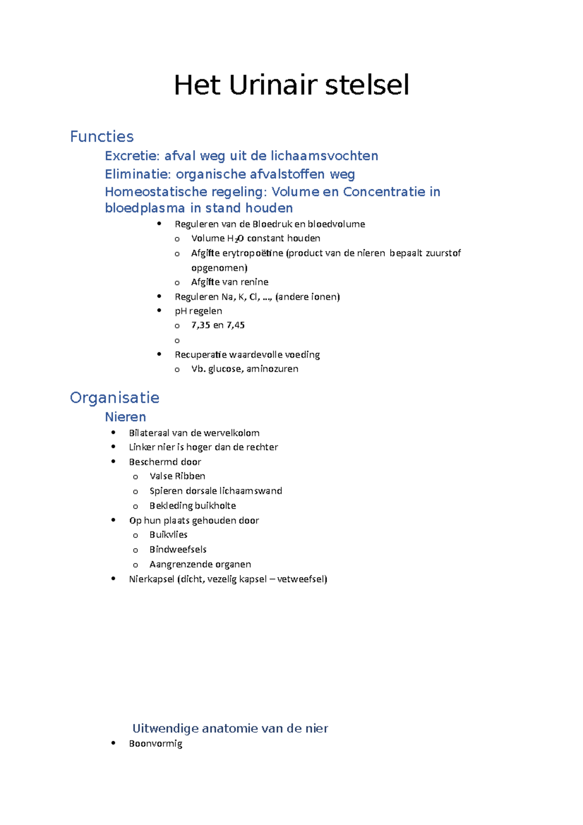 Anatomie ZT2 (uitscheiding) - Het Urinair stelsel Functies Excretie ...