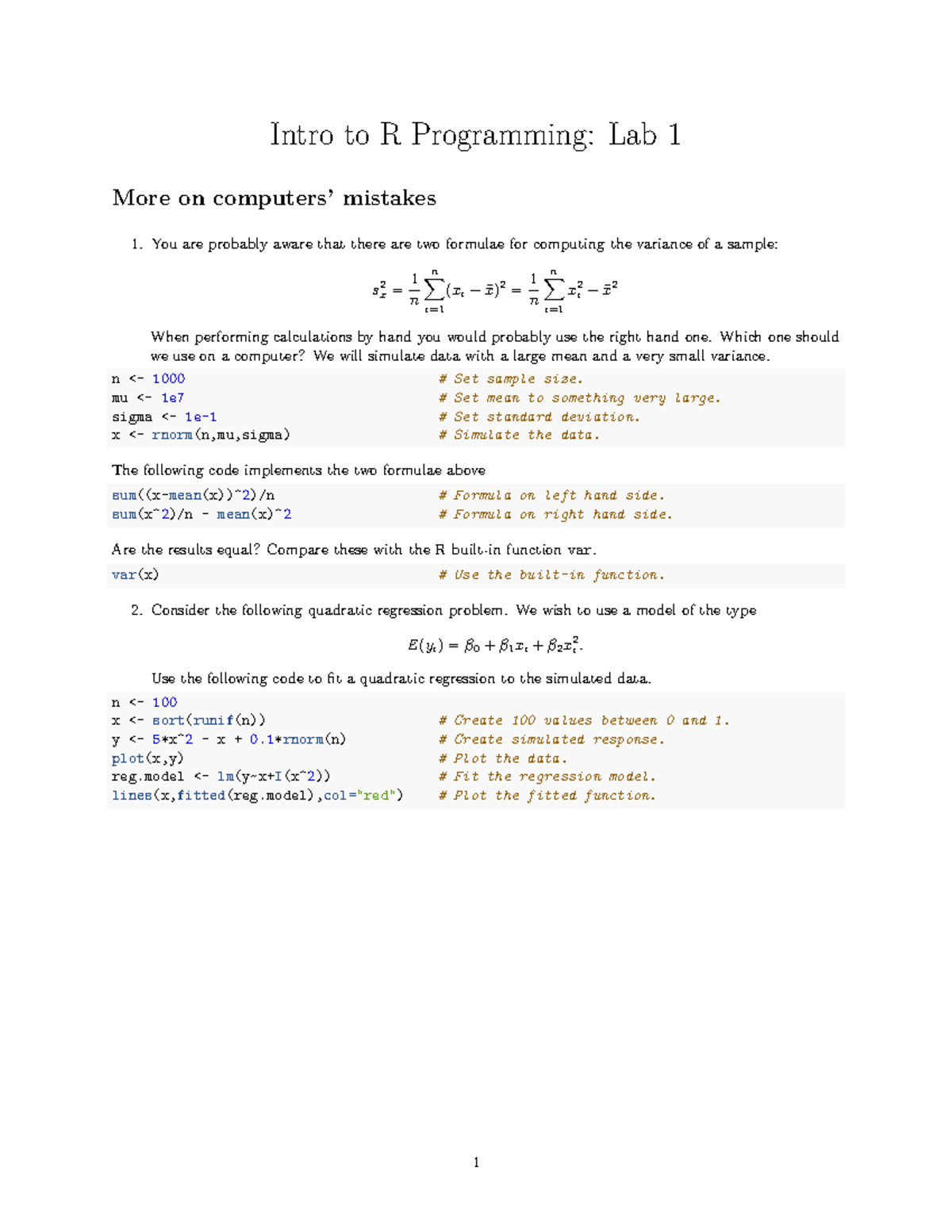 Lab 1 Mock Test Intro To R Programming Lab 1 More On Mistakes 1 You Are Probably Aware