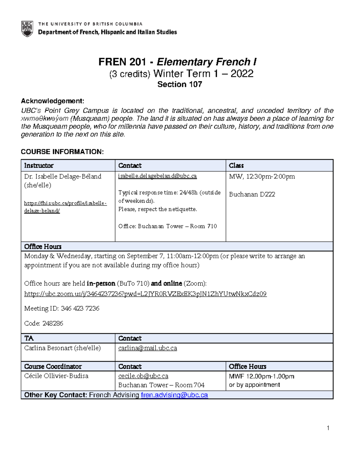 FREN201 107 Syllabus - FREN 201 - Elementary French I (3 credits ...