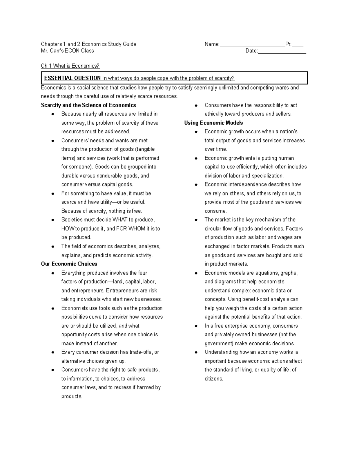 SG ECON Ch 1 and 2 - Chapters 1 and 2 Economics Study Guide Name:__Pr ...