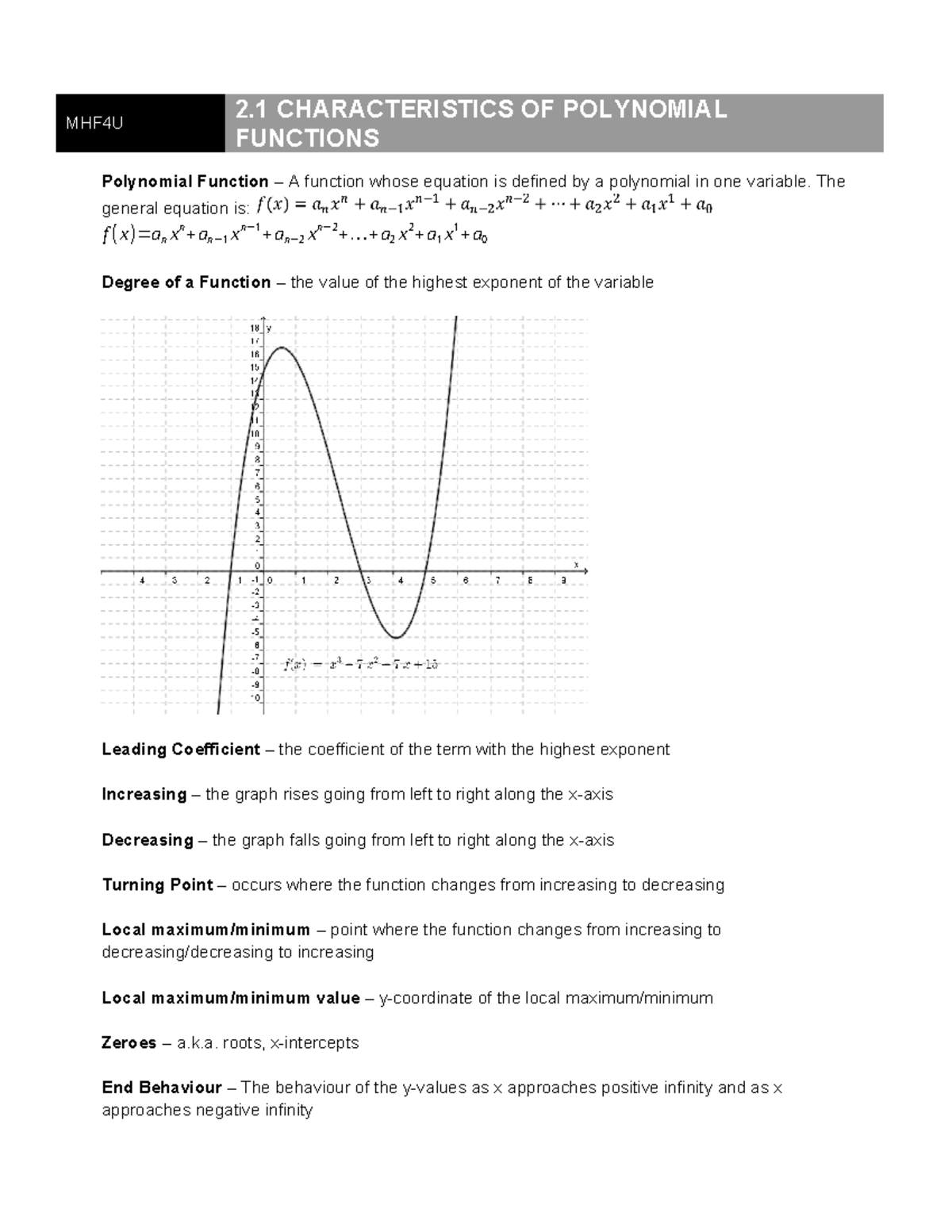 01Characteristicsof Polynomial Functions - MHF4U 2 CHARACTERISTICS OF ...