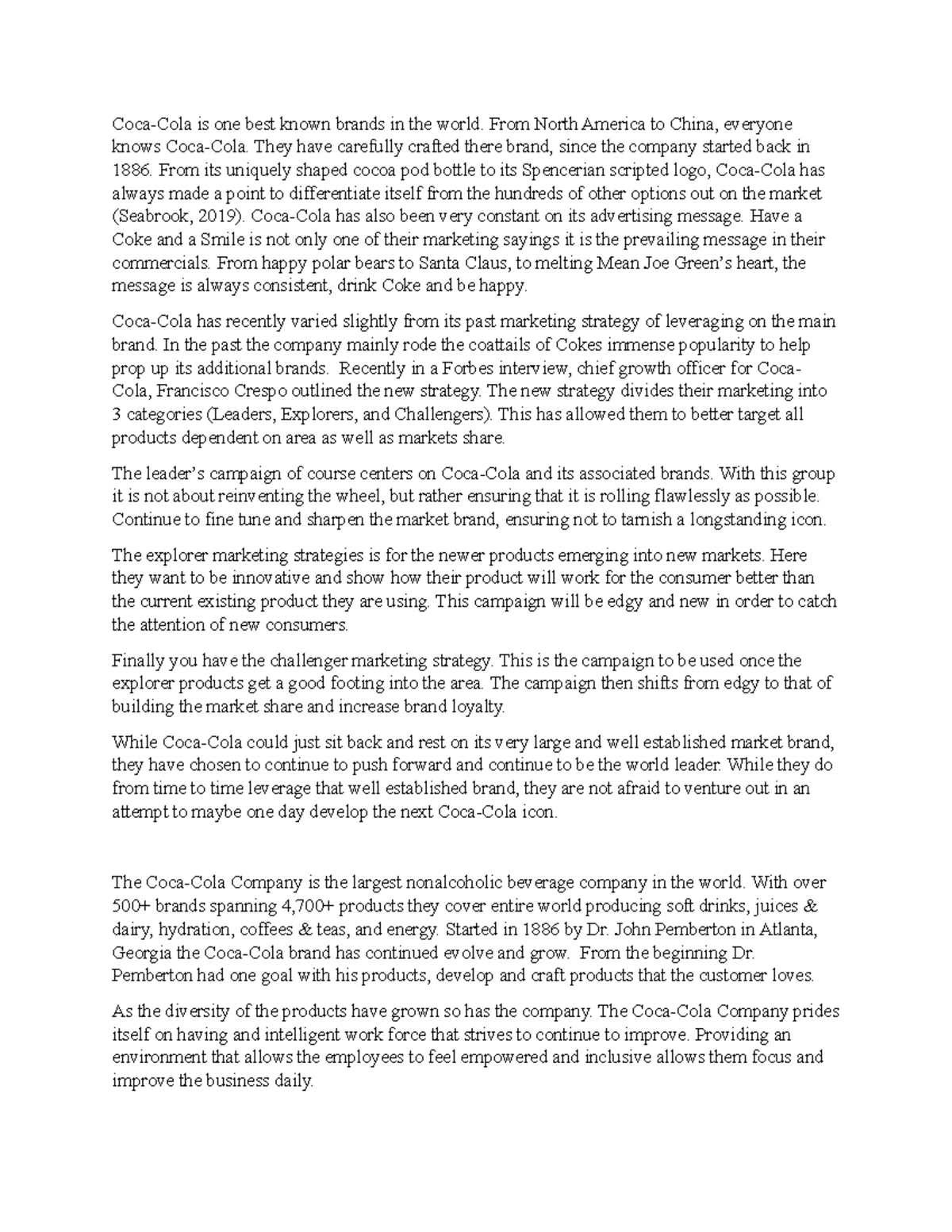 Coca-cola - final summary - Coca-Cola is one best known brands in the ...