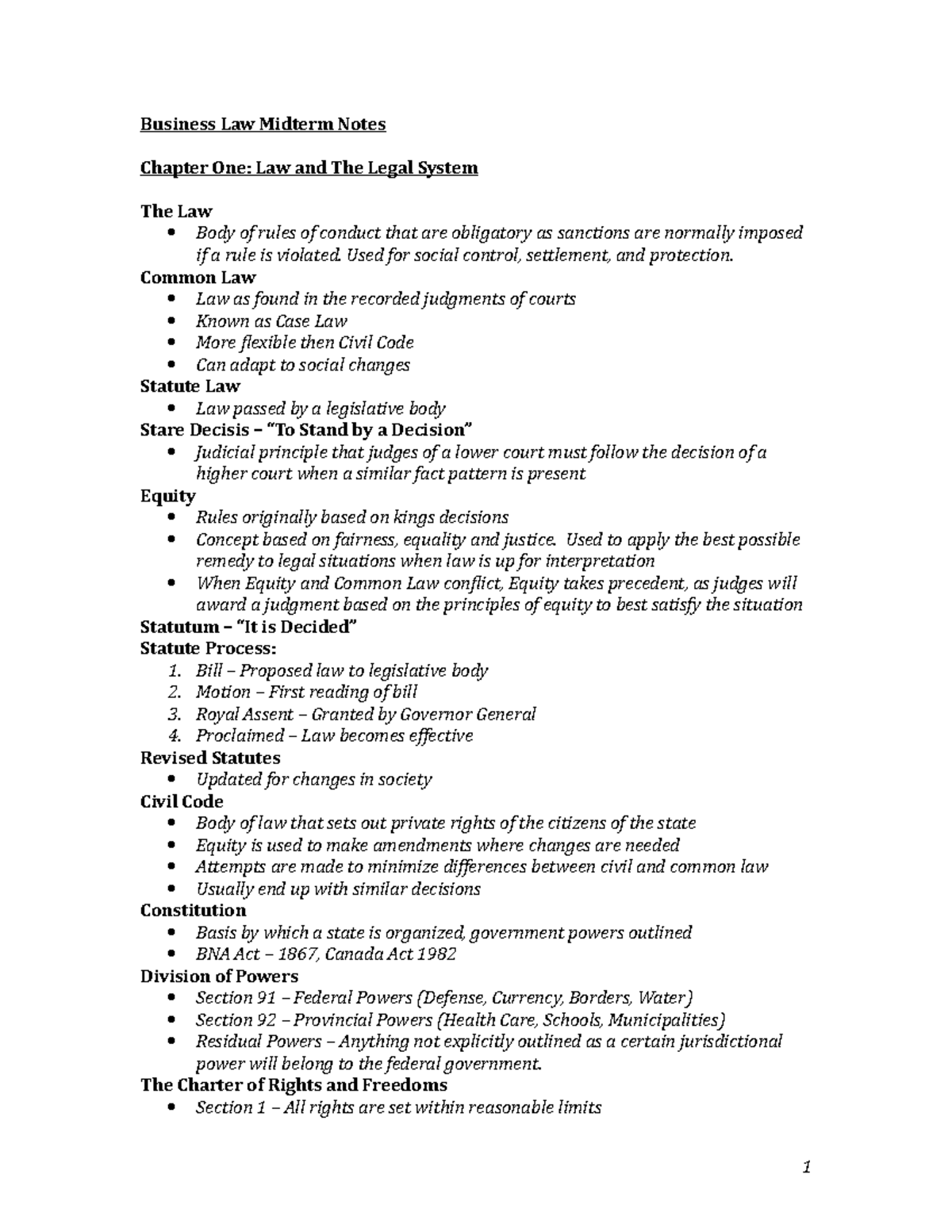 Business Law Notes 1 condensed - Business Law Midterm Notes Chapter One ...
