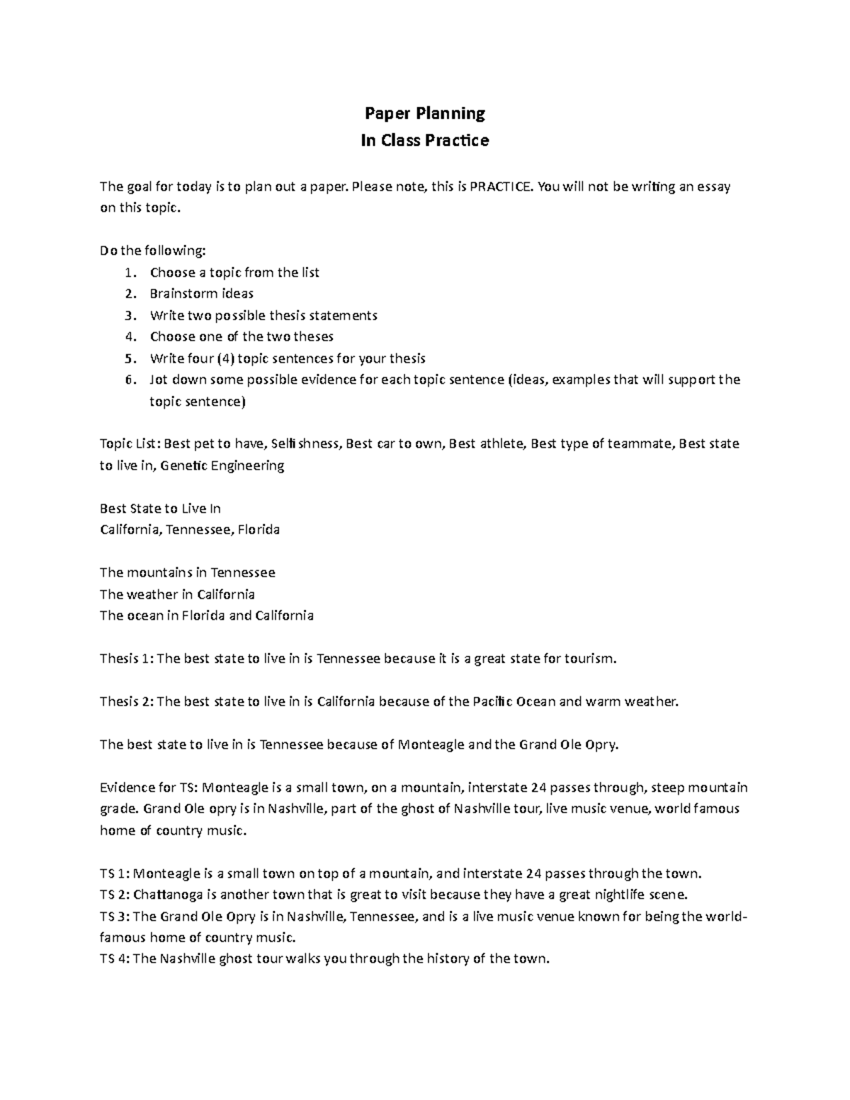 Paper Plan Worksheet - Paper Planning In Class Practice The goal for ...