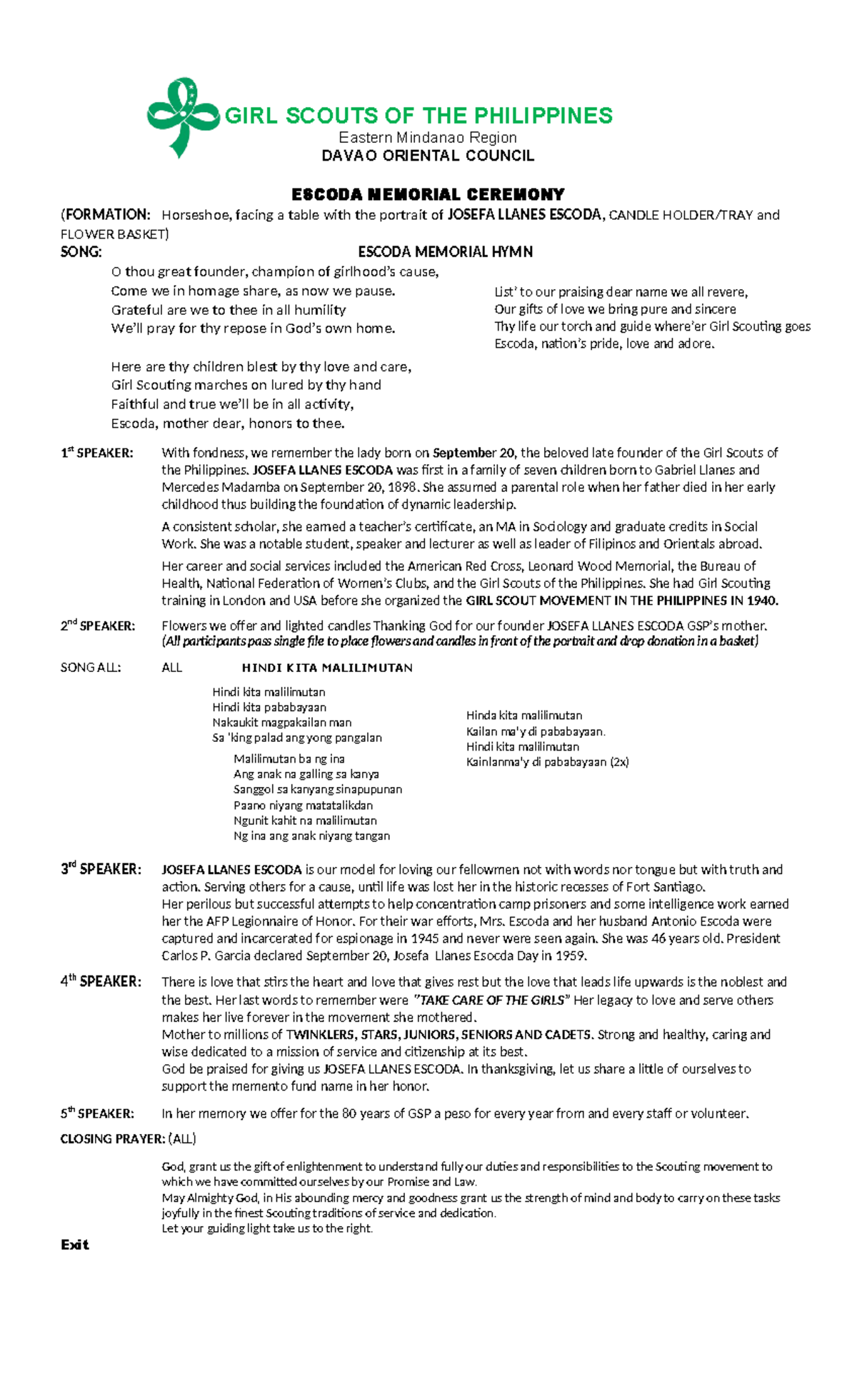 escoda ceremony for GSP - GIRL SCOUTS OF THE PHILIPPINES Eastern Mindanao Region DAVAO ORIENTAL ...