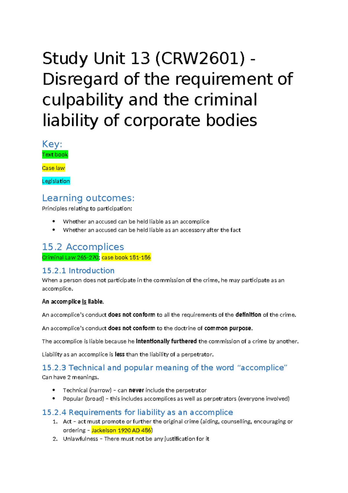 CRW2601 Study Unit 15 Participation II accomplices and accesories after ...