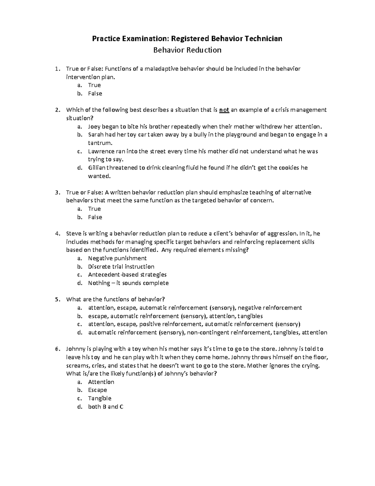 Practice Exam Behavior Reduction - Practice Examination: Registered ...