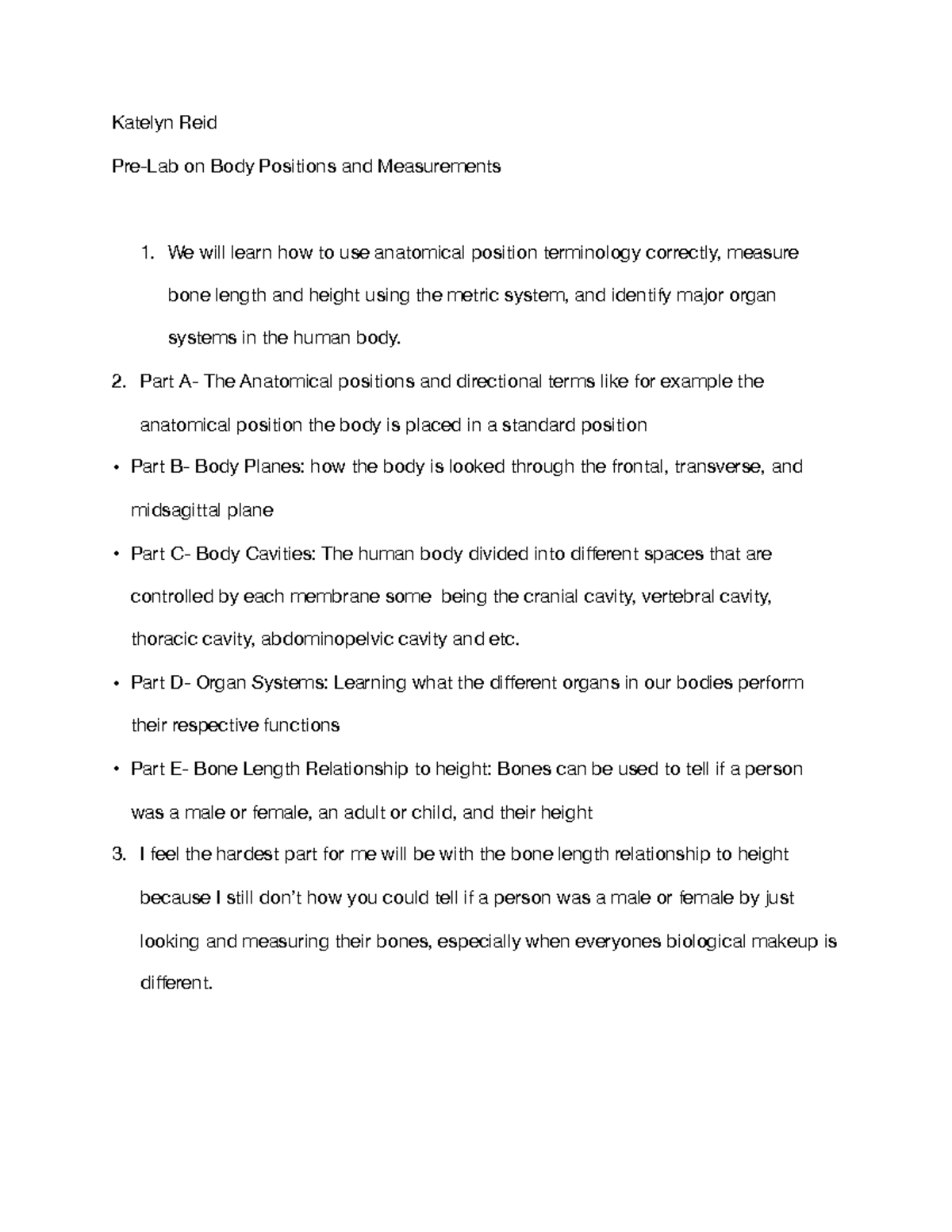 Pre lab 1 Homework answers - Katelyn Reid Pre-Lab on Body Positions and ...