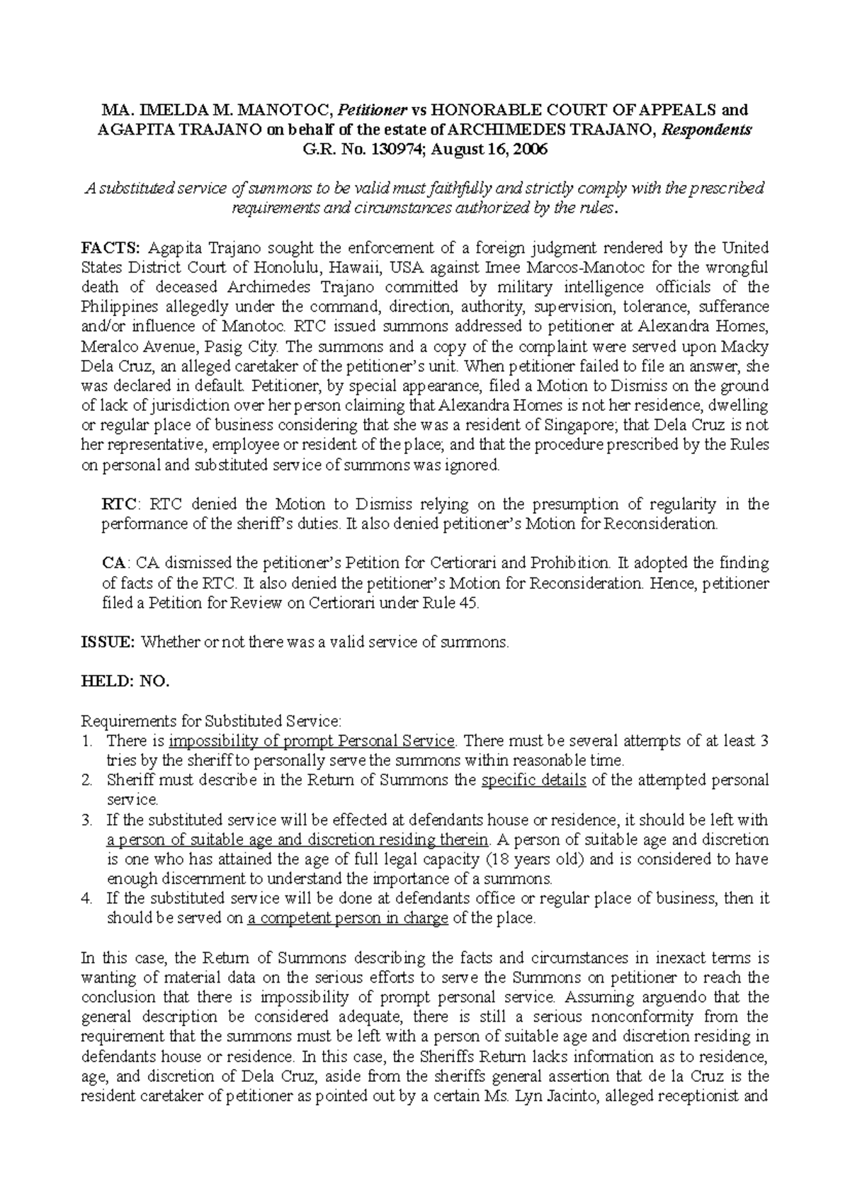 125 Manotoc VS CA - Case digest - MA. IMELDA M. MANOTOC, Petitioner vs ...