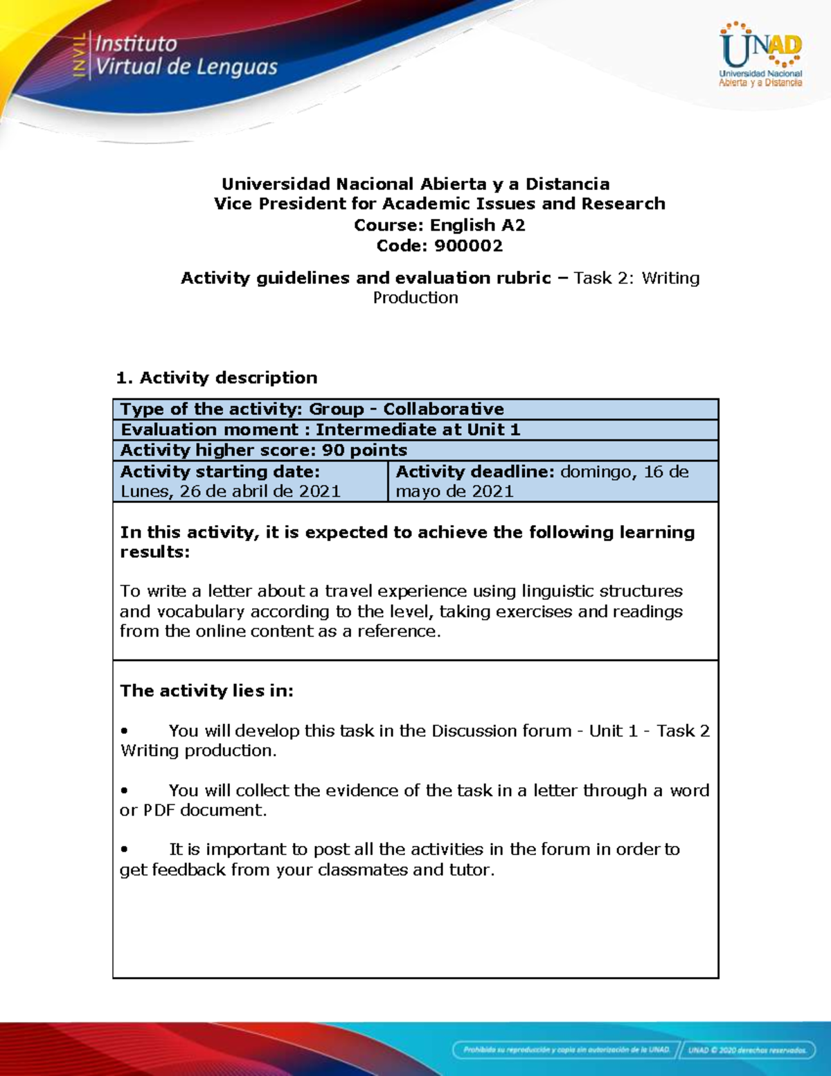 Activity guide and evaluation rubric - Unit 1 - Task 2 - Writing ...