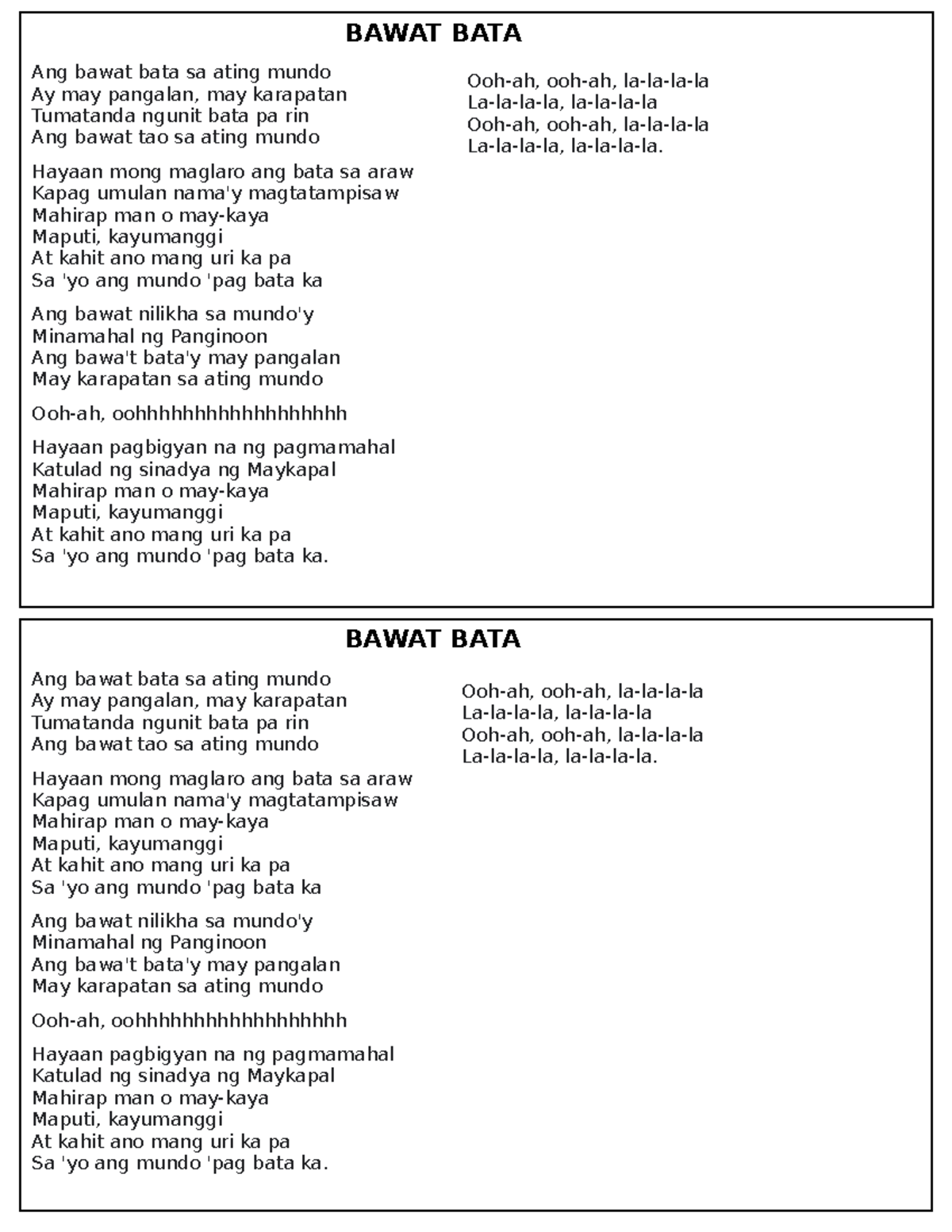 Bawat bata - BAWAT BATA Ang bawat bata sa ating mundo Ay may pangalan ...