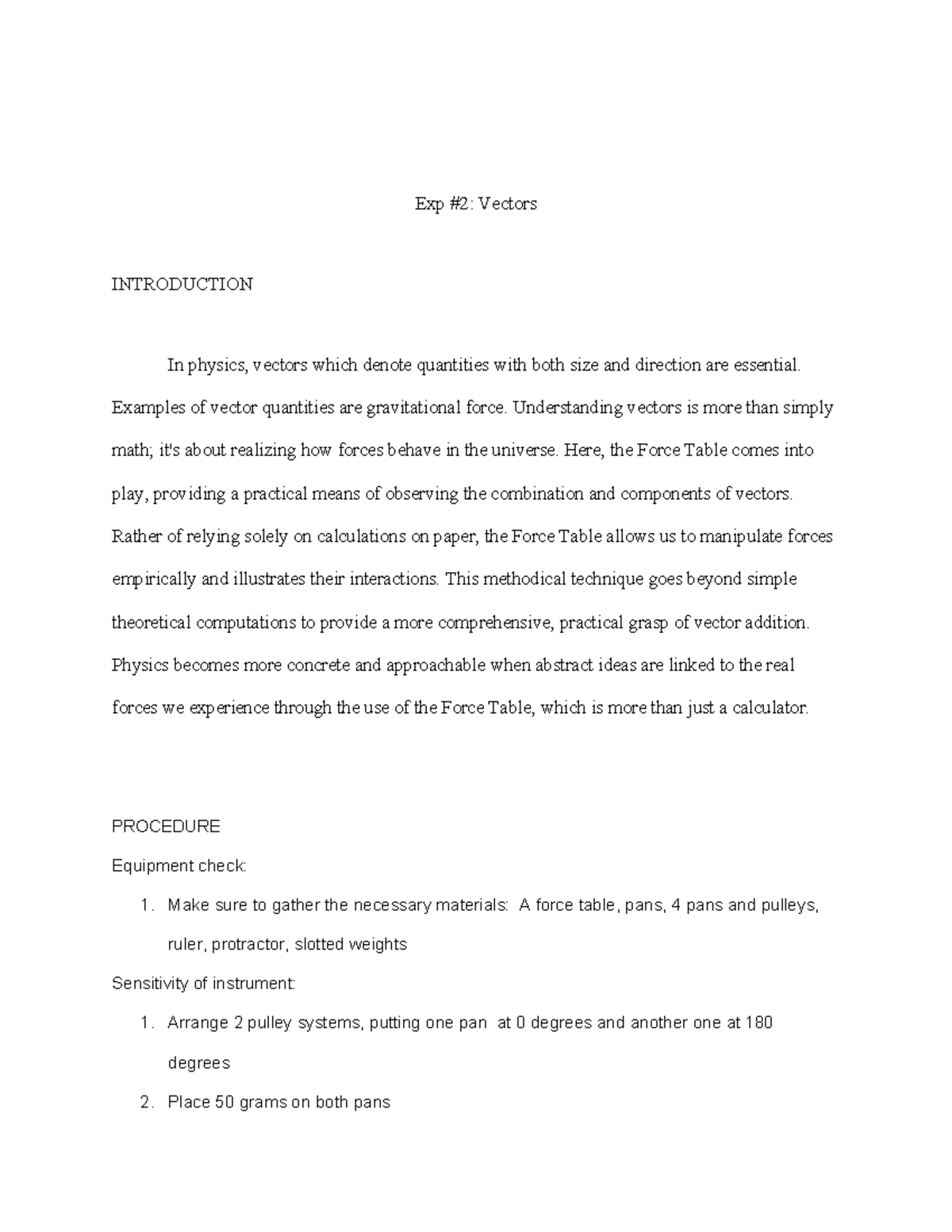 Phyics lab 2 - Physics lab 2 - Exp #2: Vectors INTRODUCTION In physics ...