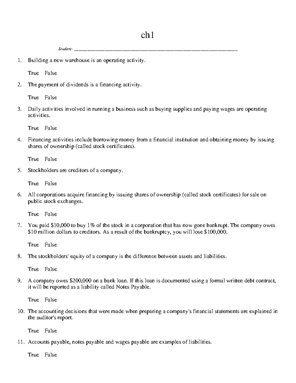Financial Accounting 201 Chapter 1 Test Bank Ch Student Studocu