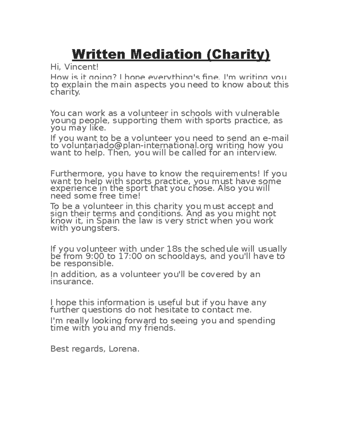 Mediation task - Written Mediation (Charity) Hi, Vincent! How is it ...