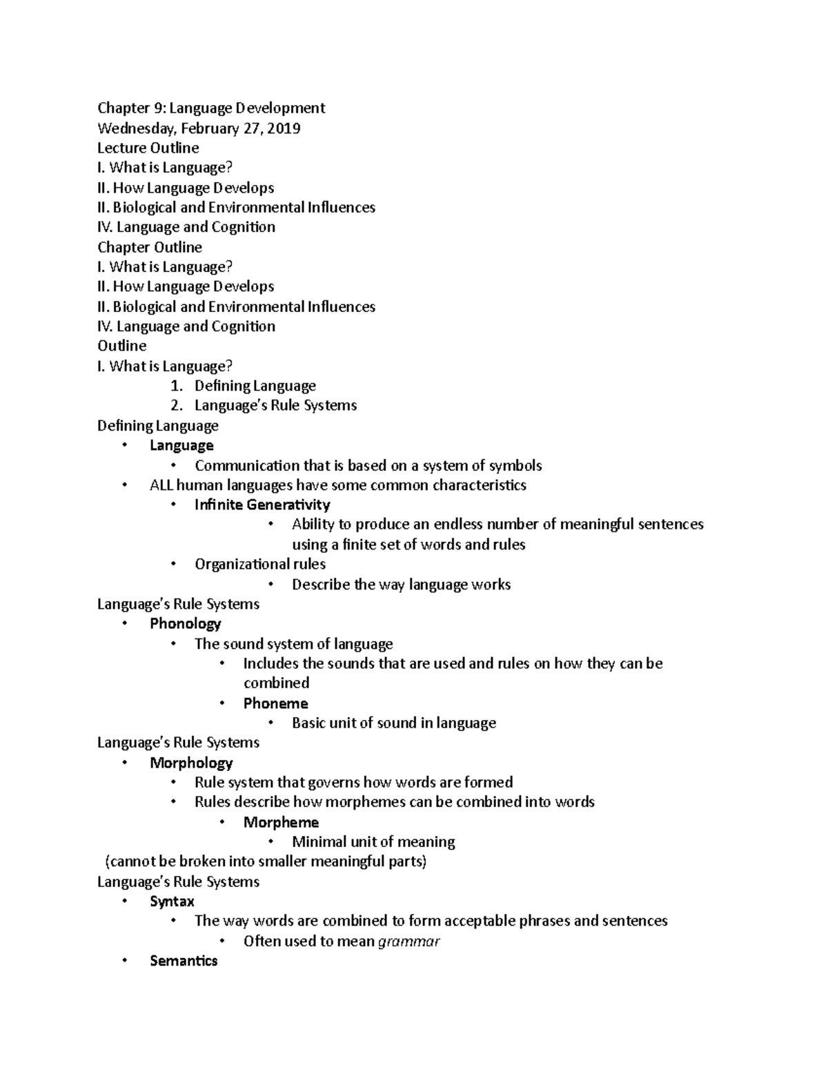 Language Development - Lecture notes 6 - Chapter 9: Language ...