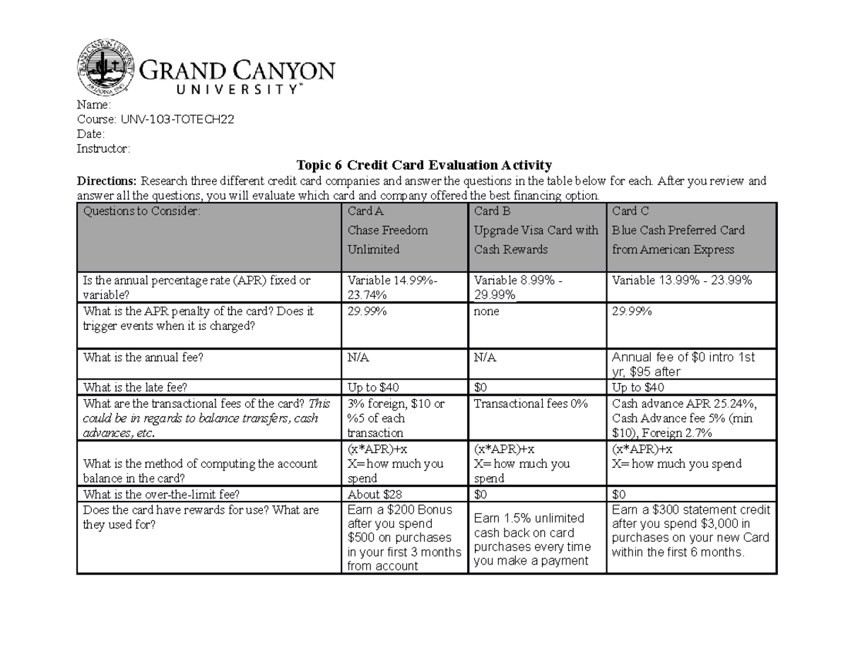UNV-103 T6 Credit Card Activity - Name: Course: UNV-103-TOTECH Date ...
