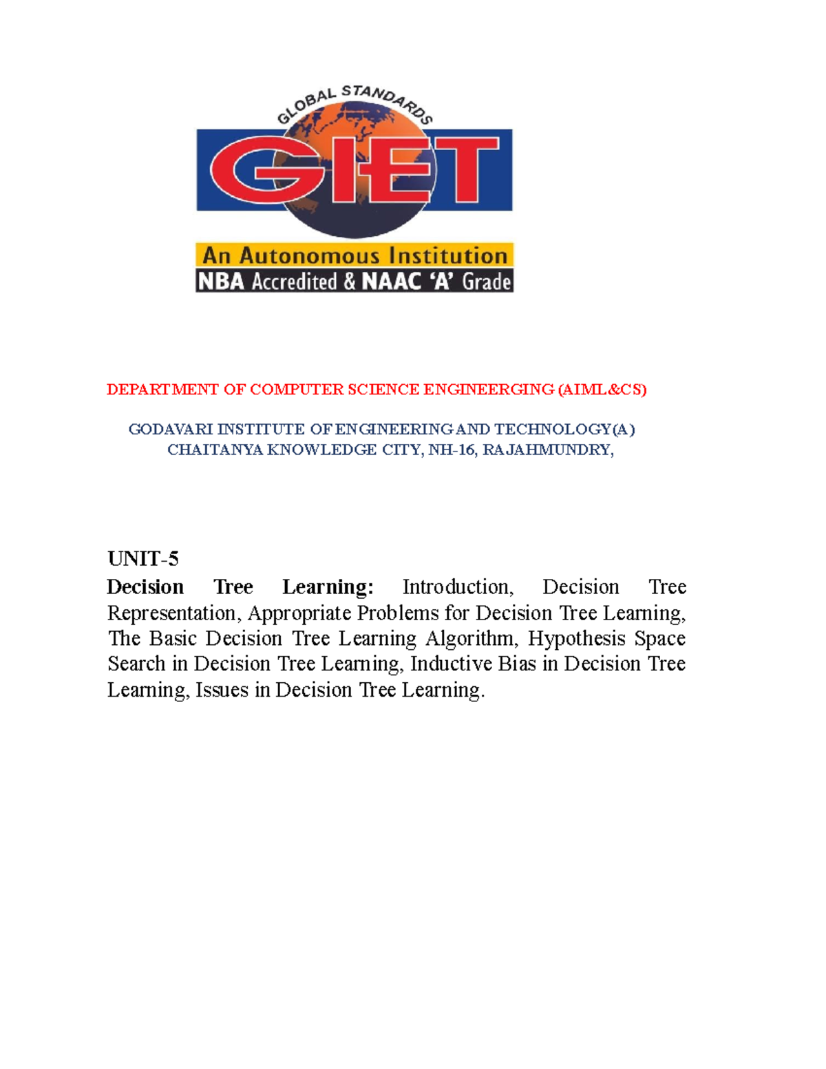 Introduction to AIML-5 - DEPARTMENT OF COMPUTER SCIENCE ENGINEERGING ...