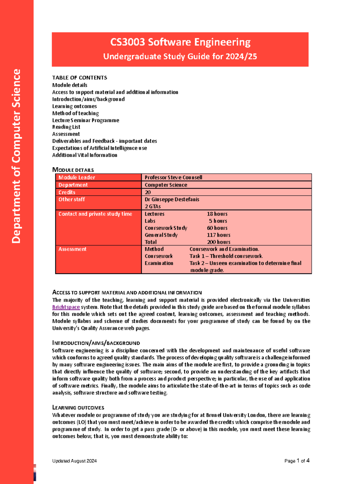 CS3003 UG Study Guide 2024-25 - Department of Computer Science TABLE OF ...