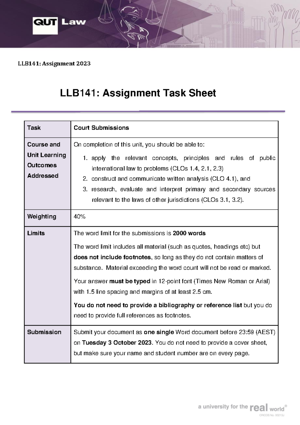 LLB141 Assignment Task Sheet and CRA - LLB141: Assignment 2023 LLB141: Assignment Task Sheet ...