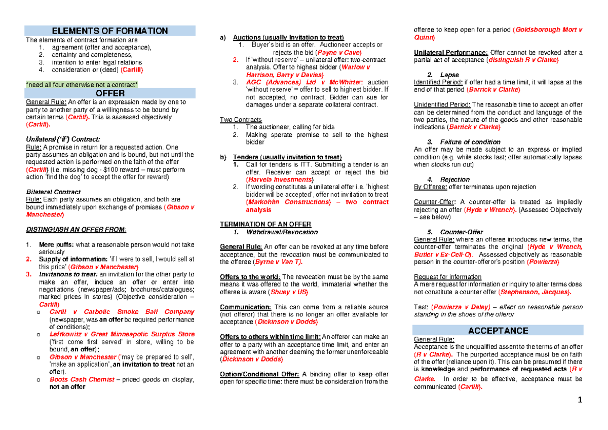 Contracts-template - XXXXXXXX - ELEMENTS OF FORMATION The elements of contract formation are 1 ...