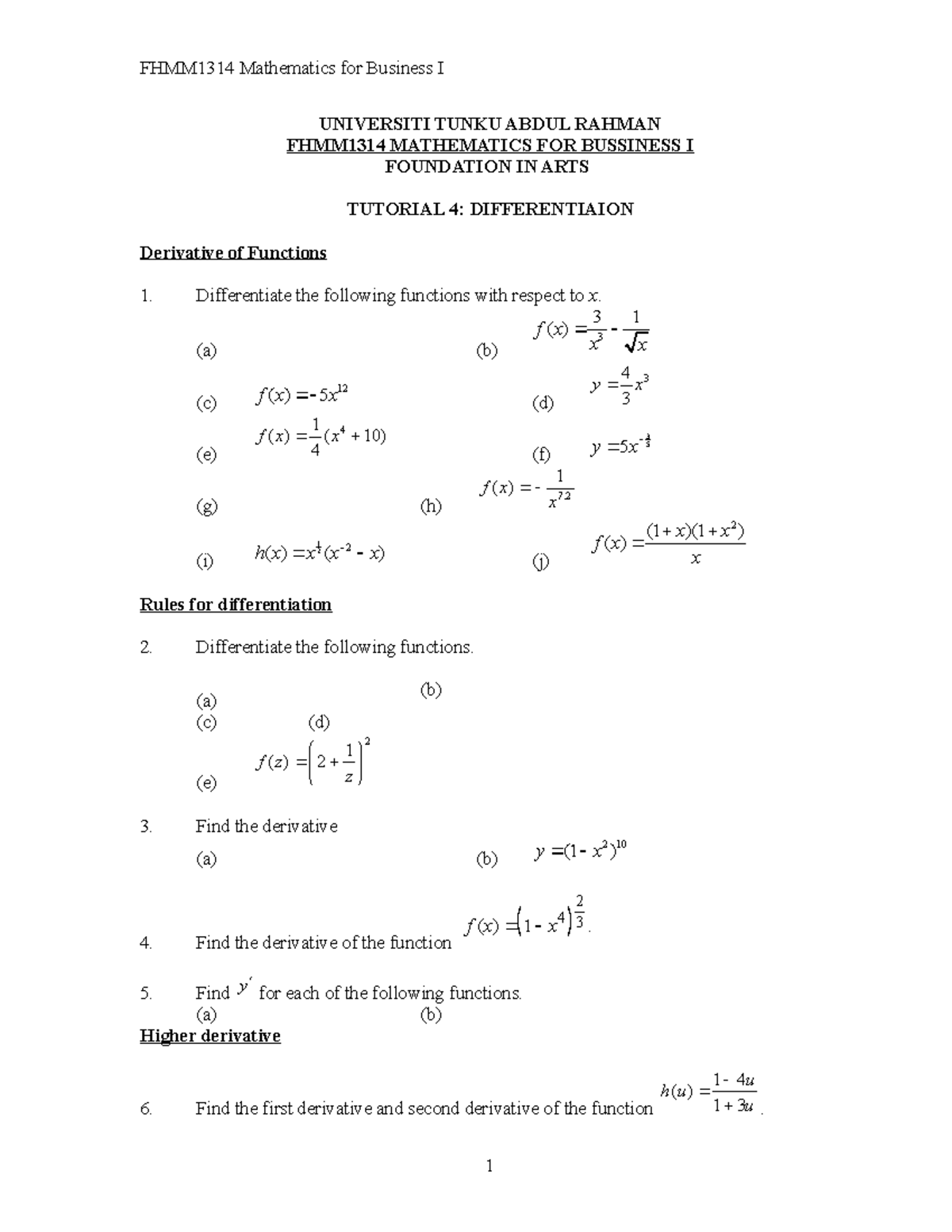differentiation exercise -tutorial 4 - UNIVERSITI TUNKU ABDUL RAHMAN ...