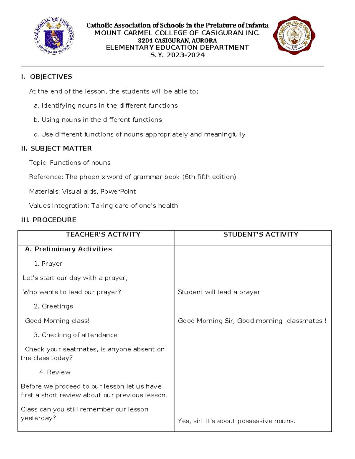 Function OF Nouns - this DLP IS FOR GRADE 6 qUARTER 3 - Catholic ...