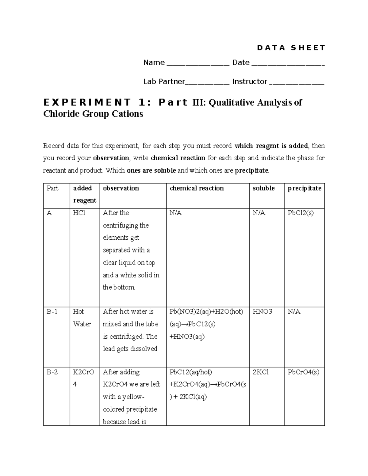 CHM1046L Exp 1 Part III Data Sheet - D A T A S H E E T Name ...