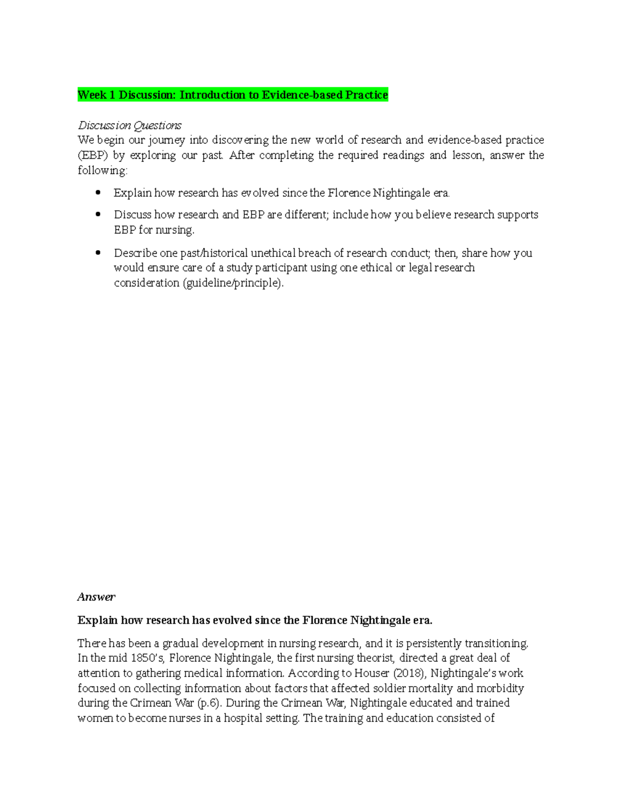 NR 439 Week 1 Discussion Question; Introduction to Evidence-based ...