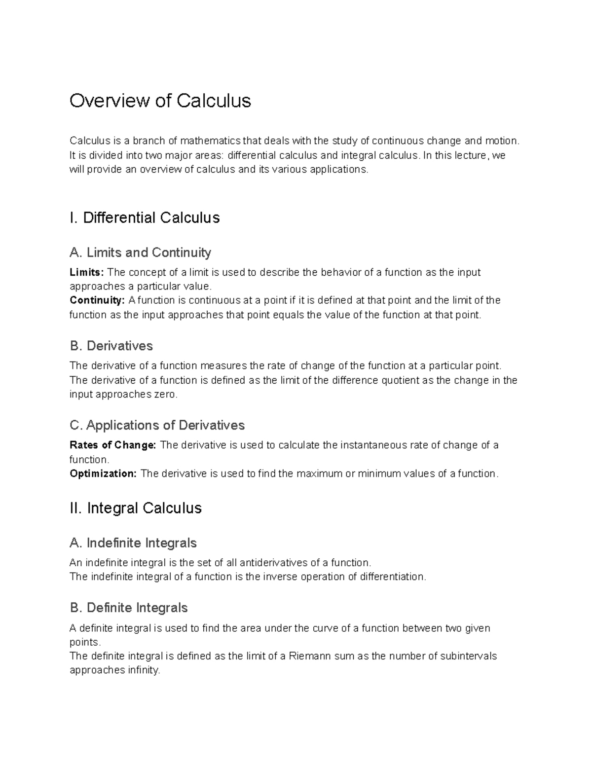 Foundations Of Mathematical Reasoning Mat 0092 Lecture 31 Overview Of Calculus Overview Of